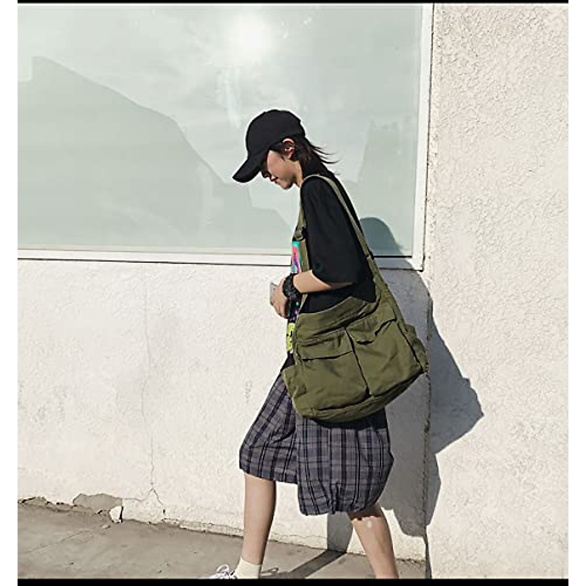 Women Men Hobo Canvas Messenger Bag Large Bag Multi Pocket Canvas Messenger Bag Hobo Handbag Cross Bag Green