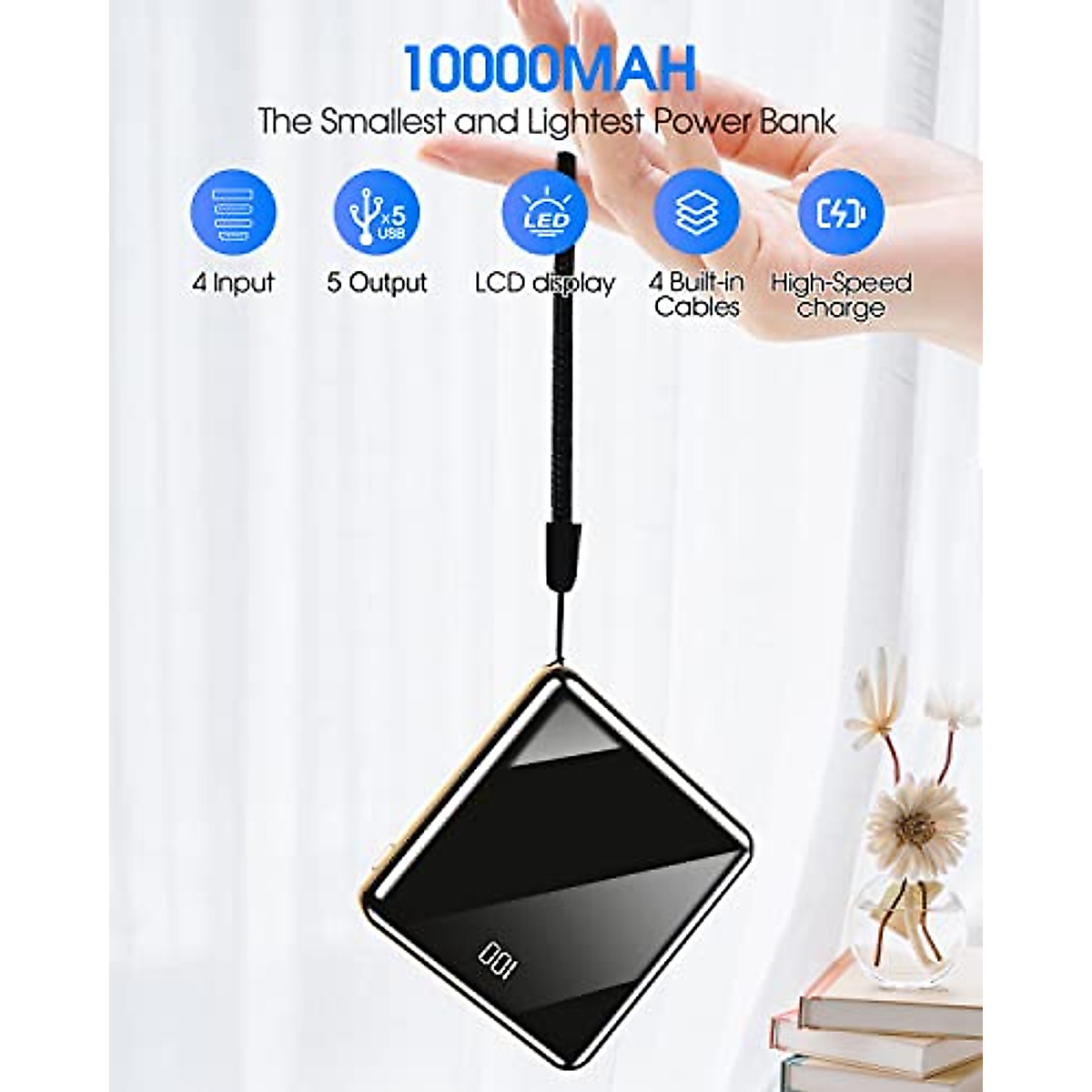 KLL Power Bank with Built in Cables, 10000mAh Slim Portable Charger LED Display, Small External Battery Pack with 4 Inputs and 5 Outputs Phone Charger for iPhone Samsung Huawei iPad etc