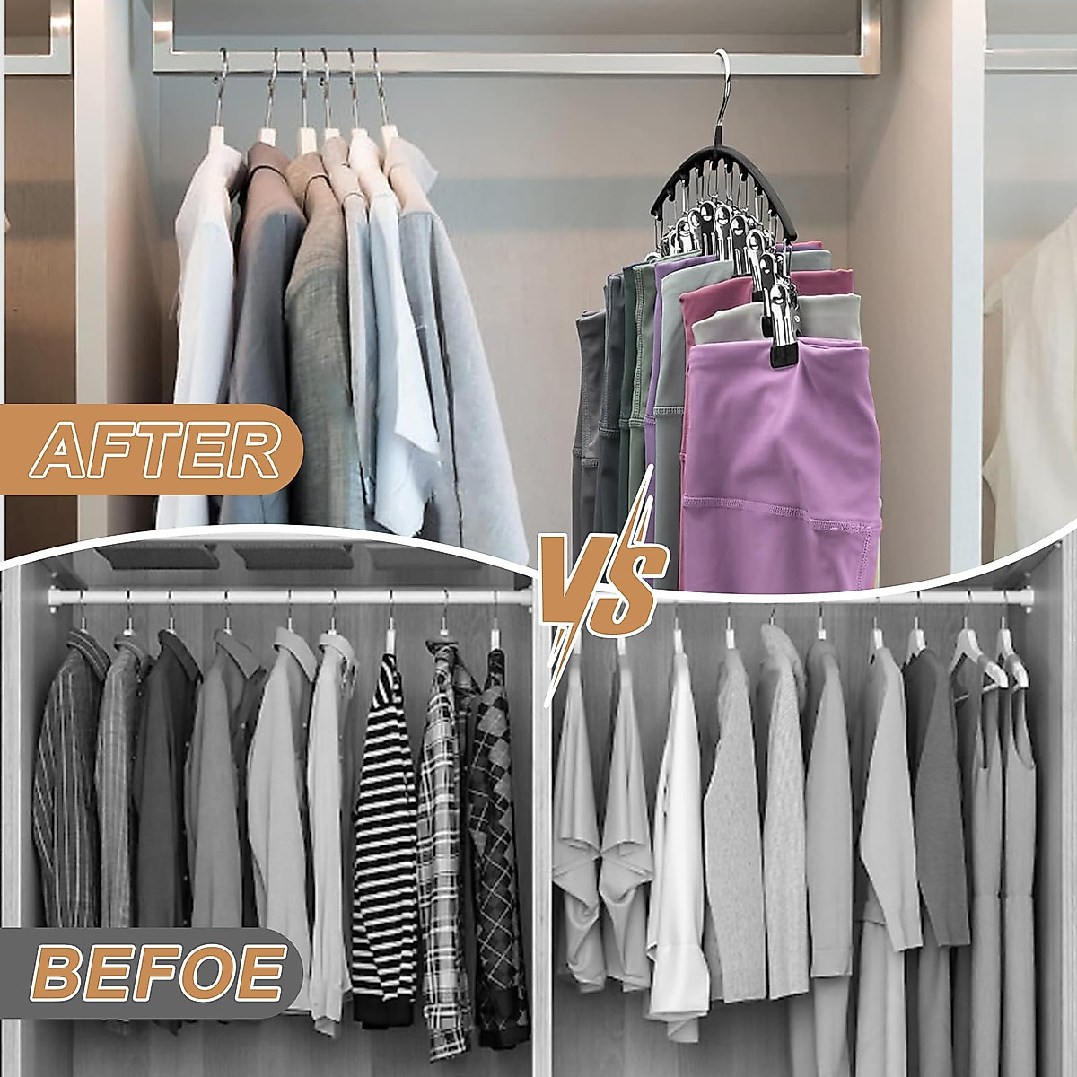 2 Pack Skirt Pants Hangers with Clips Space Saving, Legging Organizer for Closet Hanging with 10 Clips Hold 20 Leggings Shorts Jeans Skirts, Black