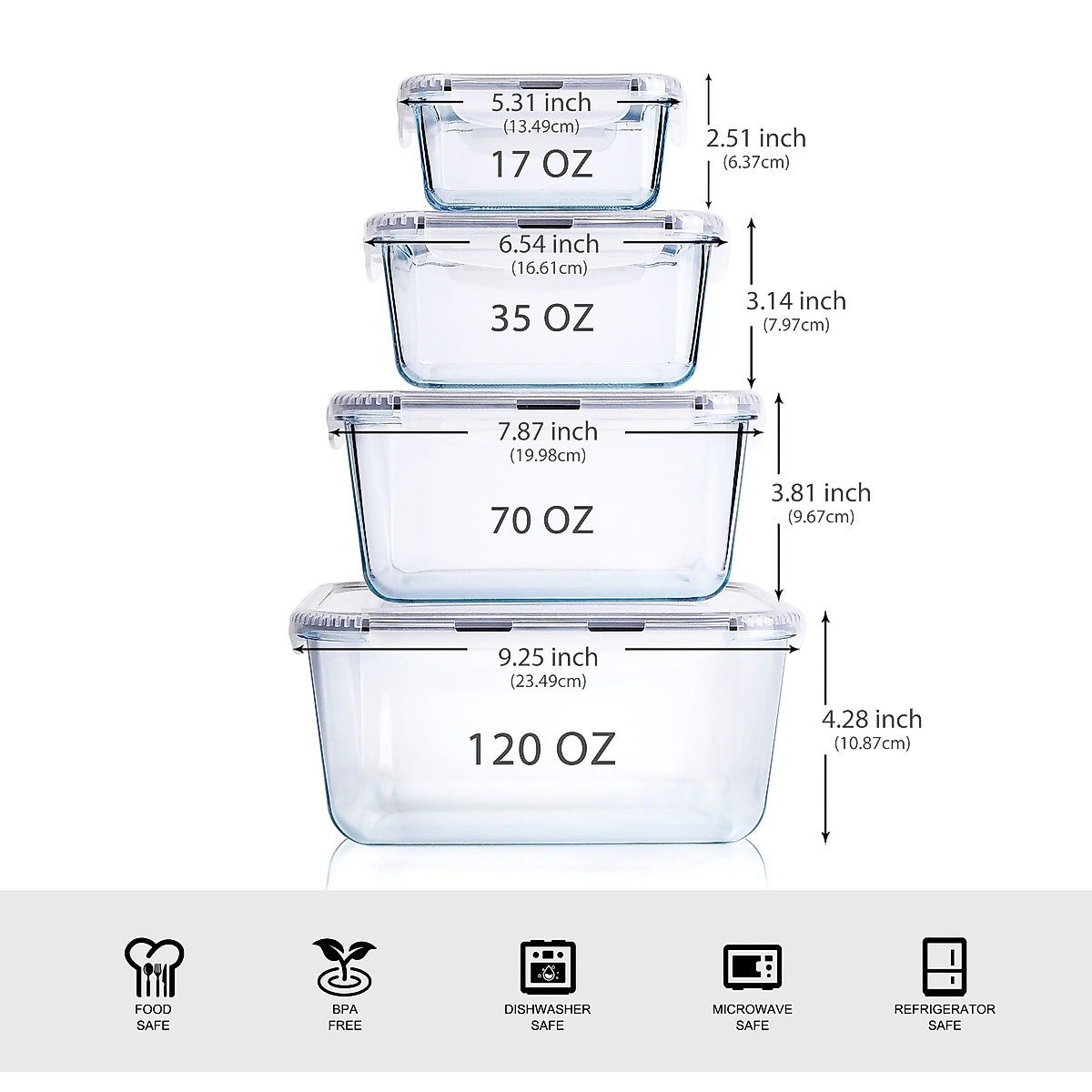 HUSANMP Extra Large Glass Storage Containers with Lids, Set-8-Piece Lunch Containers, Ideal for Storing Food, Vegetables, Fruits, Baking Cake & lot of other Tasty Food (Square)