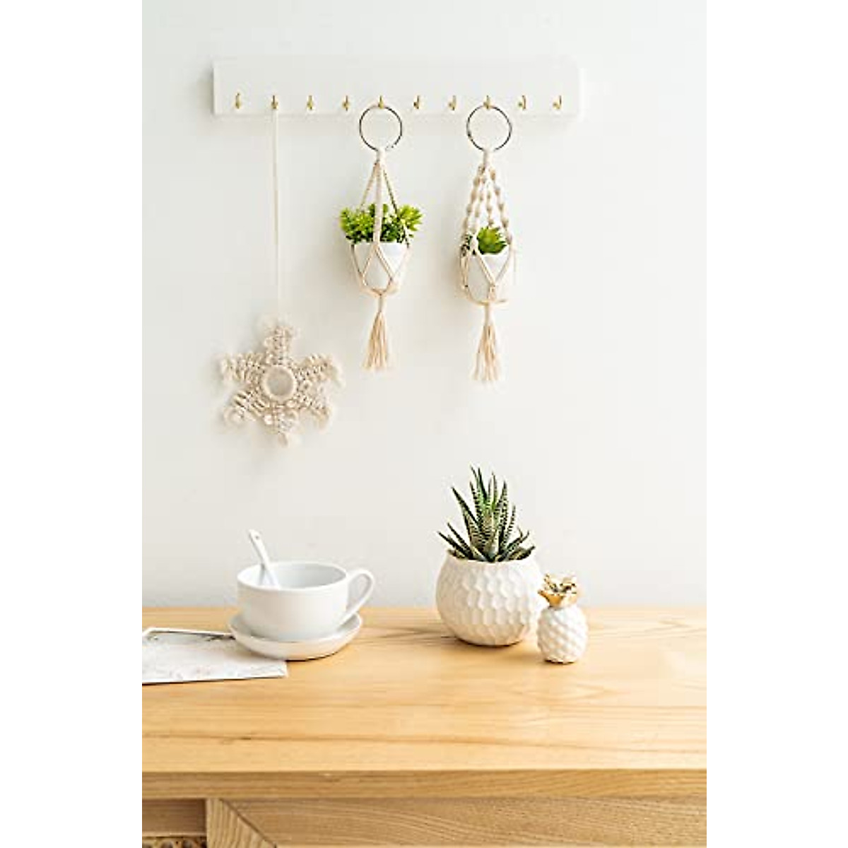 Mkono Mini Macrame Plant Car Accessories Rear View Mirrior Charm Cute Hanging Rearview Car Decor Boho Hanger with Artificial Succulent Plants Gifts for Plant Lover Set of 2, White