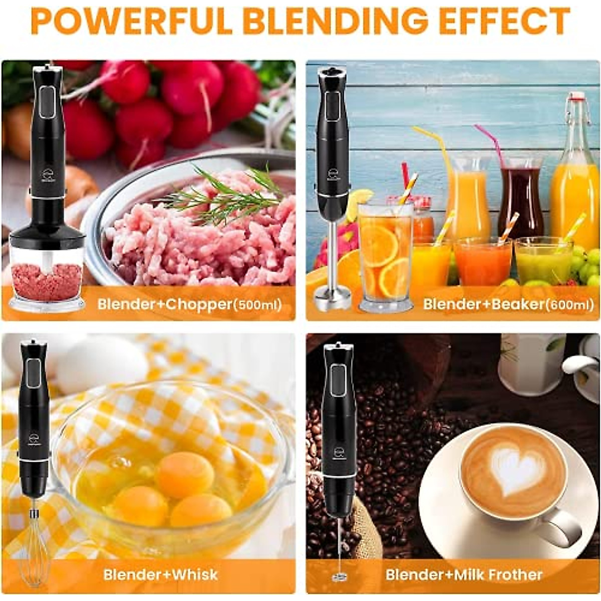 Immersion Blender Handheld, 800W 12-Speed Hand Blender, 5 in 1 Emersion Stick Blender Electric, 600ml Beaker, 500ml Chopper, Egg Whisk, Milk Frother