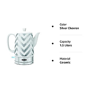 BELLA Electric Kettle & Tea Pot - Ceramic Water Heater with Detachable Swivel Base, Auto Shut Off & Boil Dry Protection, 1.5 Liter, Silver Chevron