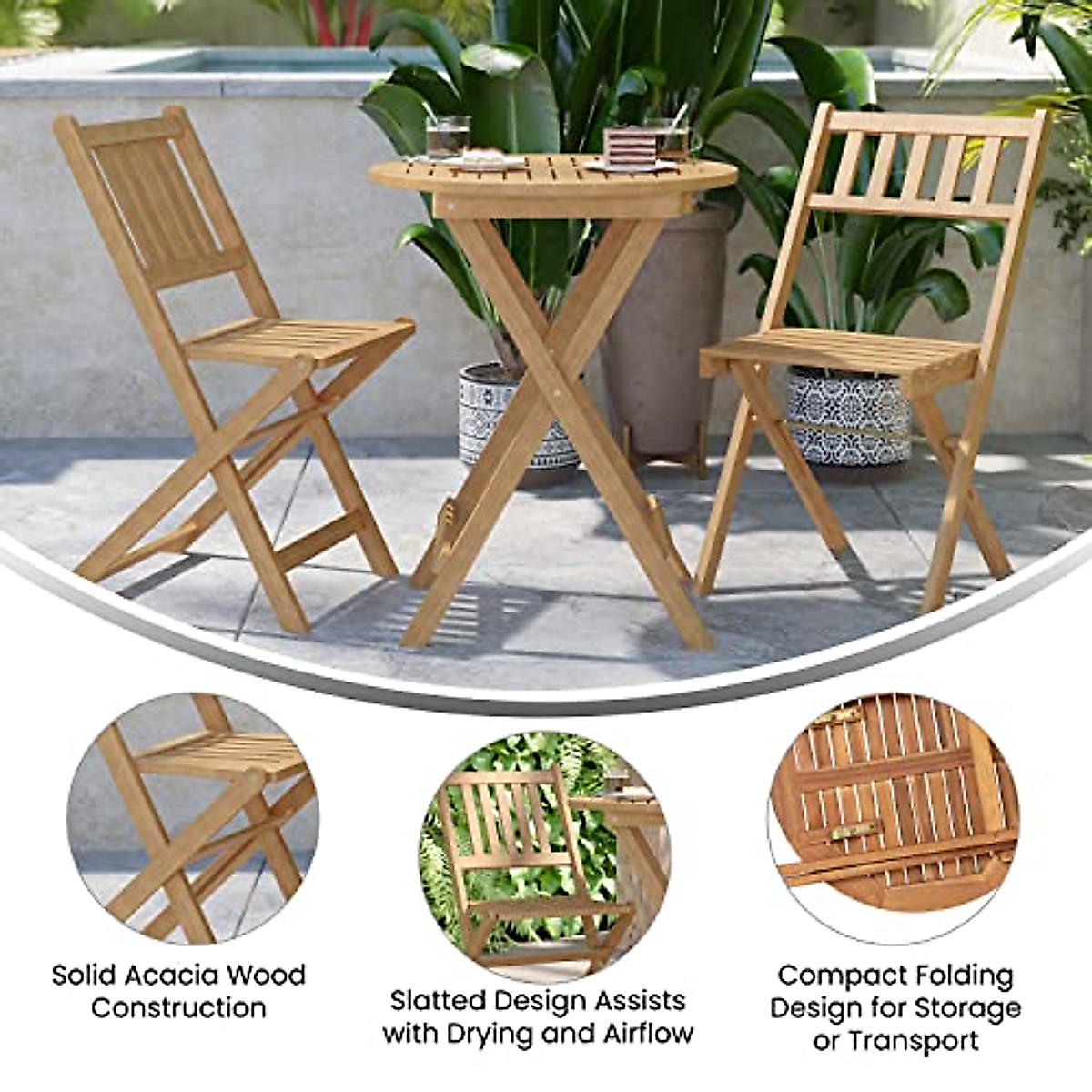 Flash Furniture Martindale 3 Piece Folding Patio Bistro Set - Natural Finish Acacia Wood - Indoor/Outdoor Round Table - 2 Chairs - Slatted Tabletop, Back and Seat