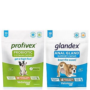 Glandex for Dogs Anal Gland Support Chews 30 Ct and Profivex 5-Strain Chews 30 Ct Bundle, Anal Gland Supplement for Dogs, Hickory Pork Flavor 5-Strain Clinical-Strength Digestive Probiotics for Dogs
