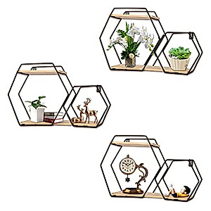 ShiningLove Wall Mount Hexagonal Floating Shelves, Metal Framed Gold Shelves with Wooden Floor, Simple Wood Partition Storage Shelves for Bedroom, Living Room, Kitchen and Office Black