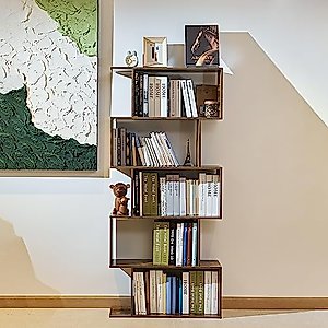 Aroktake 5-Tier Bookshelf, Geometric Bookcase with Anti-Tipping Device, S Shaped Book Shelves, Freestanding Decorative Storage Shelving for Living Room Home Office (Rustic Brown)