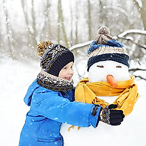 AOTOW Kid Hat Scarf Gloves Set - Winter Knit Beanie Hat Boys Winter Hat Kids Hats & Gloves Set Neck Warmer Touch Screen Mitten for Boy Girl 5-10 Year Three-Color Stitching