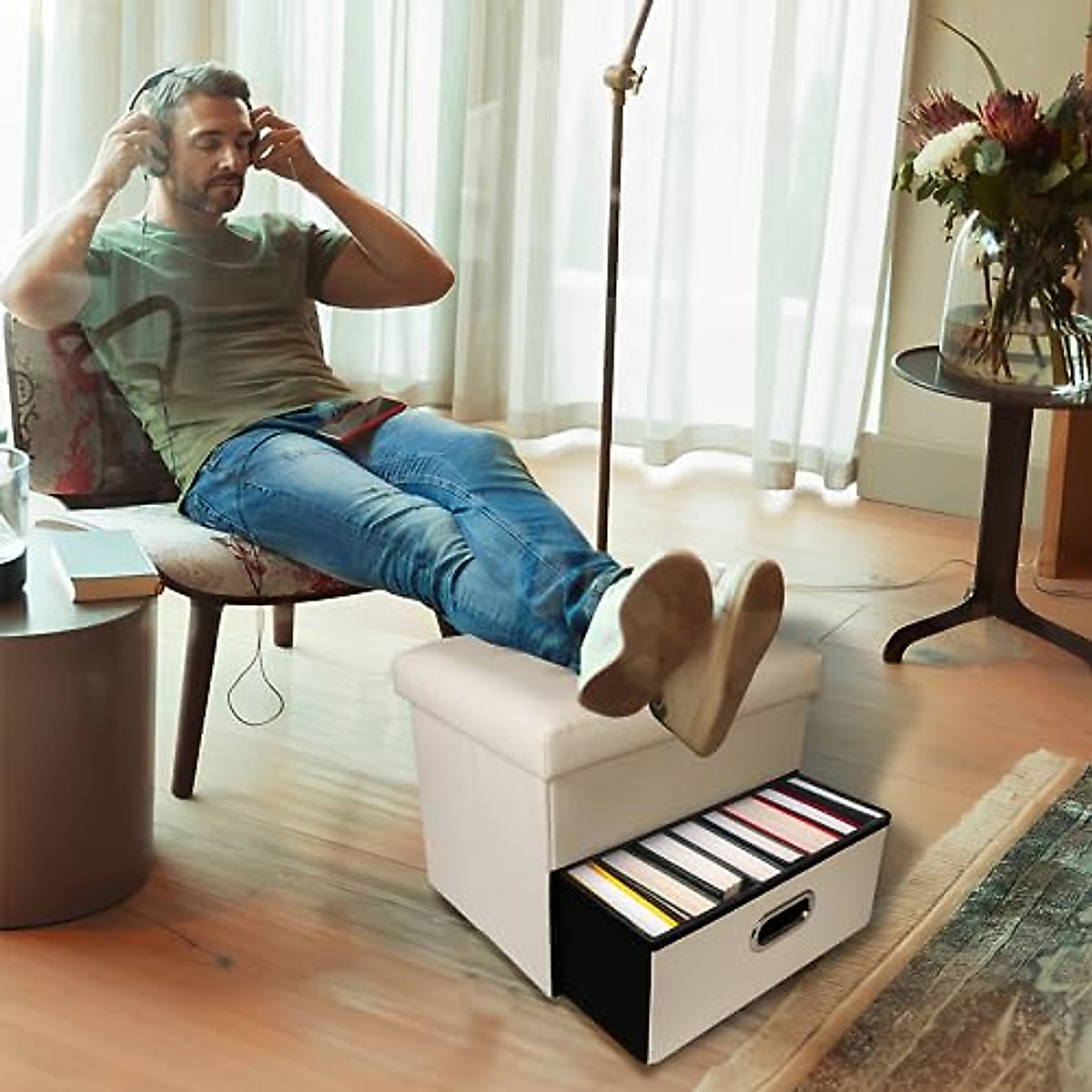 VewePata Folding Storage Ottoman with Drawers, 17 inch, Beige, Leather