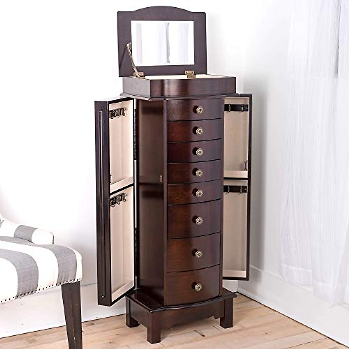 Hives and Honey Shiloh Large Jewelry Armoire Cabinet Standing Storage Chest Neckalce Organizer, Dark Walnut