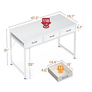 ODK 48 Inch Computer Desk with 3 Fabric Drawers, Home Office Desks with Storage, Modern Work Desk for Bedroom, Writing Study Table, White