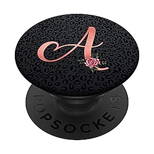 Black Leopard Cheetah Letter A Initial Monogram Pink Rose PopSockets PopGrip: Swappable Grip for Phones & Tablets