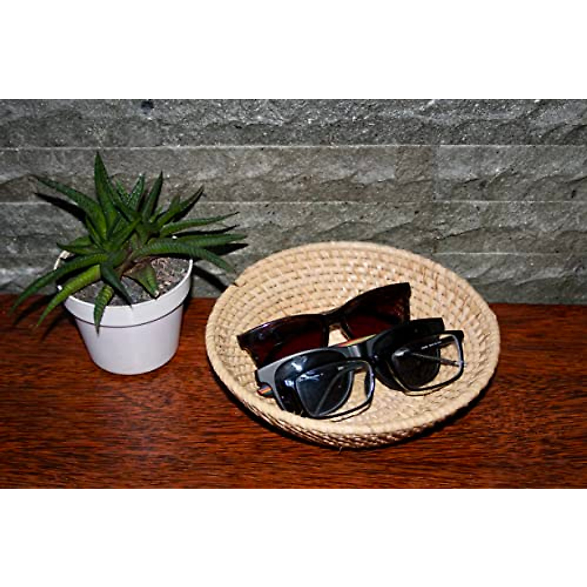 Balinesia Set of 2 Small Round Handmade Natural Rattan Baskets | Circle Countertop Handwoven Rattan for Storage and Display | Wicker Vanity Storage Tray Home Decor | Peanut Bowl