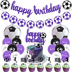 Sursurprise Soccer Birthday Party Decorations for Girls Purple Soccer Birthday Banner Garland Cake Topper Balloon for Sports Theme Birthday Party Supplies