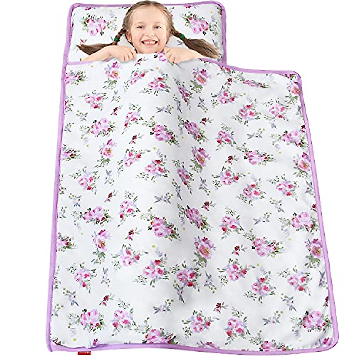 Toddler Nap Mat for Girls Floral, Warm Kids Sleeping Mat with Removable Pillow and Fleece Minky Blanket, Lightweight Perfect for Kids Preschool, Daycare, Travel Sleeping Bag, Fit Standard Cot