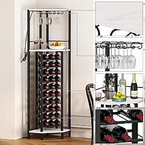 Homeiju Corner Wine Rack with Glass Holder and Led Strip Light, Corner Bar Wine Racks Free Standing Floor, Industrial Corner Bar Cabinet for Kitchen, Dining Room, Living Room or Cellar