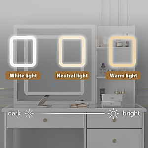ROMSHINE Vanity Desk with Mirror and Lights, Makeup Vanity Desk with Sliding Mirror, Glass Desk-Top and Lights in 3 Colors Modes, White Vanity Table and Chair Set with 5 Drawers, Glass Top