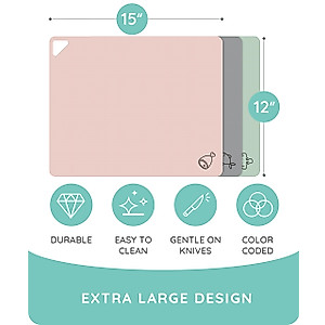 Extra Thin Flexible Cutting Boards for Kitchen - Cutting Mats for Cooking, Colored Cutting Mat Set with Easy-Grip Handles | Non Slip Cutting Sheets, Flexible Plastic Cutting Board Set of 3 (15"x12")