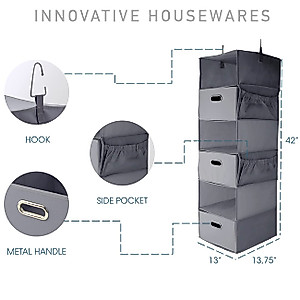 Closet Organizer Hanging Shelves, 6 Shelf Closet Storage with 5 Storage Drawers & Purpose Made Pockets, Jewelry Shoe Organizer Drawer Organizers, Perfect for Organization and Storage (Dark Grey)