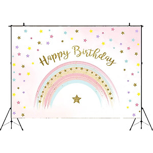 MAYSSKQ Rainbow Birthday Backdrop Colorful Pastel Rainbow Party Background Rainbow of Fun Gold Stars Sprinkle Girl Birthday Backdrops Decorations (7x5ft)