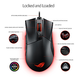 ASUS Optical Gaming Mouse - P502 ROG Gladius II | Ergonomic Right-hand Grip | PC Gaming Mouse for FPS Games | 12000 DPI Optical Sensor | Omron Switches | 6 Buttons | Aura Sync RGB Lighting