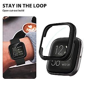 2 Pack LϟK Smartwatch Case Compatible for Fitbit Versa 2 Built-in Tempered Glass Screen Protector, All-Around Ultra-Thin Bumper Full Cover Hard PC Protective Case - Black