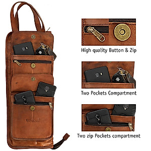 WerKens Leather Drumstick Bag Floor Tom Hooks Holds 10-12 Pairs Drum Sticks Mallets Brushes Percussion Drum Stick Bag Detachable Shoulder Strap Easy Carry Handles (Brown) – DSB003