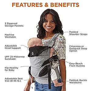 Contours Baby Carrier Newborn to Toddler | Journey 5 Position Convertible Easy-to-Use Baby Carrier with Pockets for Men and Women, Face In, Face Out, Front, Back & Hip (8-45 lbs) - Graphite Gray