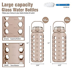 MUKOKO Half Gallon/64 oz Glass Water Bottles with Straw and Lid,Motivational Water Jug with Time Marker Reminder and Silicone Sleeve,100% Leakproof BPA Free Fitness Sports Large Bottle-Amber