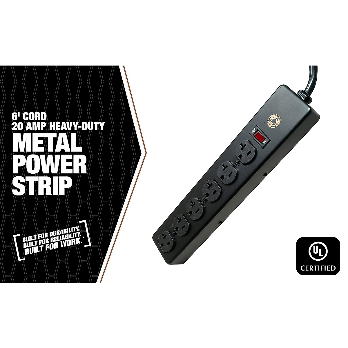 Southwire 5120 20 Amp Rated, 6 Outlet all Metal Power Strip with NEMA 5-20 P&R, 6 Foot 12/3 Cord