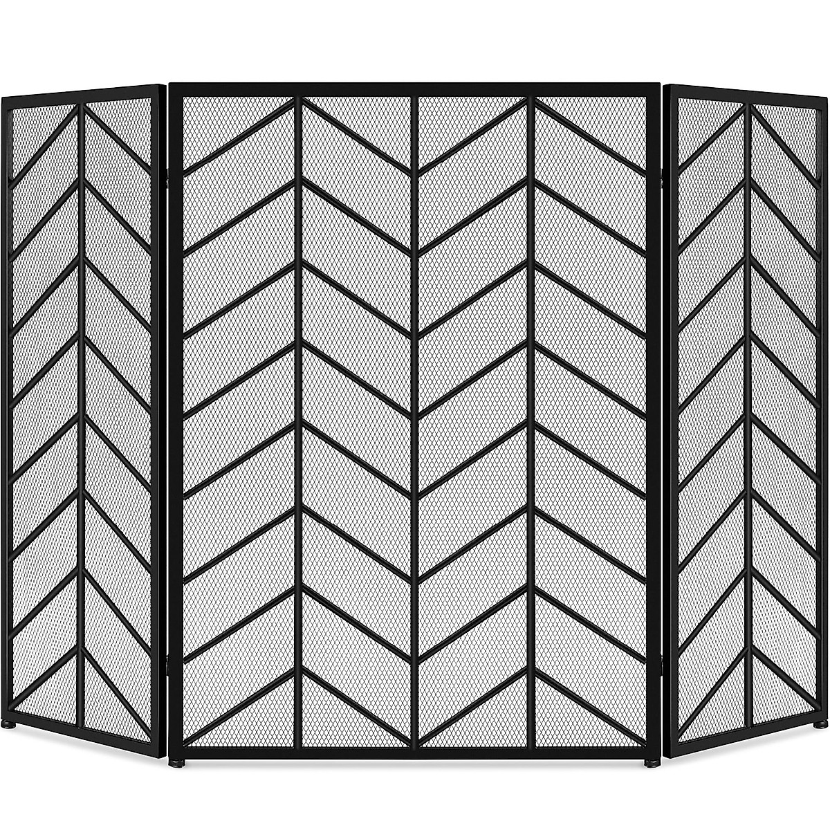 Best Choice Products 52x31in 3 Panel Chevron Fireplace Screen, Mid Century Modern Wrought Iron Hand Crafted Fire Place Guard for Living Room Home Decor, Steel Mesh - Black