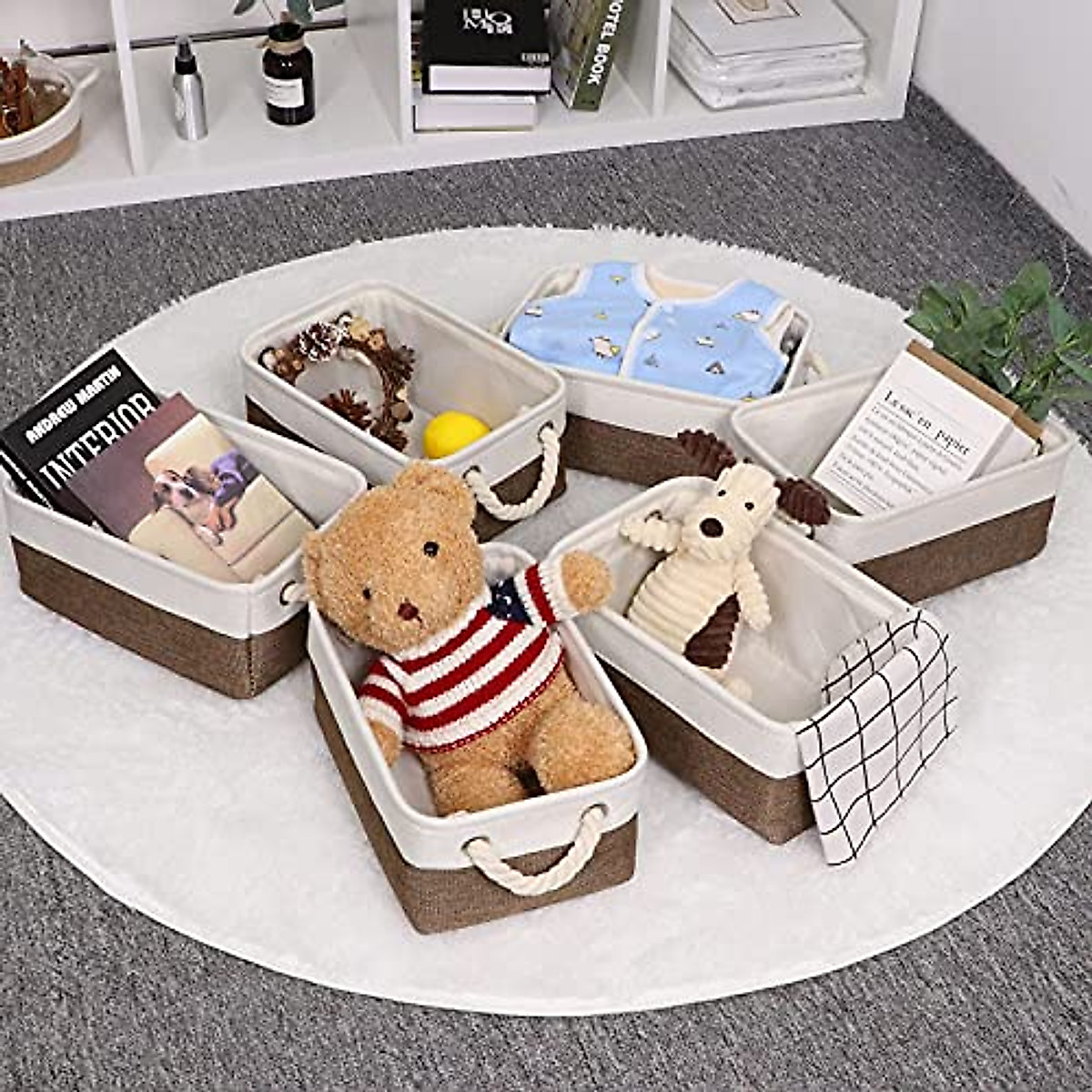 Bidtakay Baskets Set Fabric Storage Bins-White&Earthy Brown Bundled Baskets of 3 Medium Baskets 15" X 11" X 9.5" + 6 Small Baskets 11.8" X 7.8" X 5"
