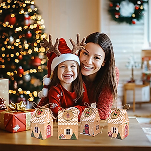 SERENEDWELLING 24 Sets Mini Christmas Party Gift Bags, Christmas Small Gift Boxes with 24 pieces Greeting Card and 24 Ropes Small Candy Containers for Party