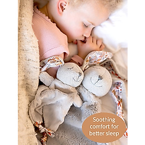 Yuppie Mommy Bonny & Bo Woodlands Bunny Handmade Lovey Security Blanket Gift Set of 2, Baby Boy or Girl — Soft Baby Blankets with Bunny Stuffed Animals with Pacifier Ties Lovies for Newborns or Babies