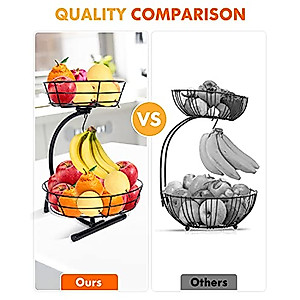 covsus 2 Tier Countertop Fruit Basket Bowl with Banana Hanger for Kitchen Counter, Wire Fruit Stand Holder for Fruits Vegetable Storage, Black