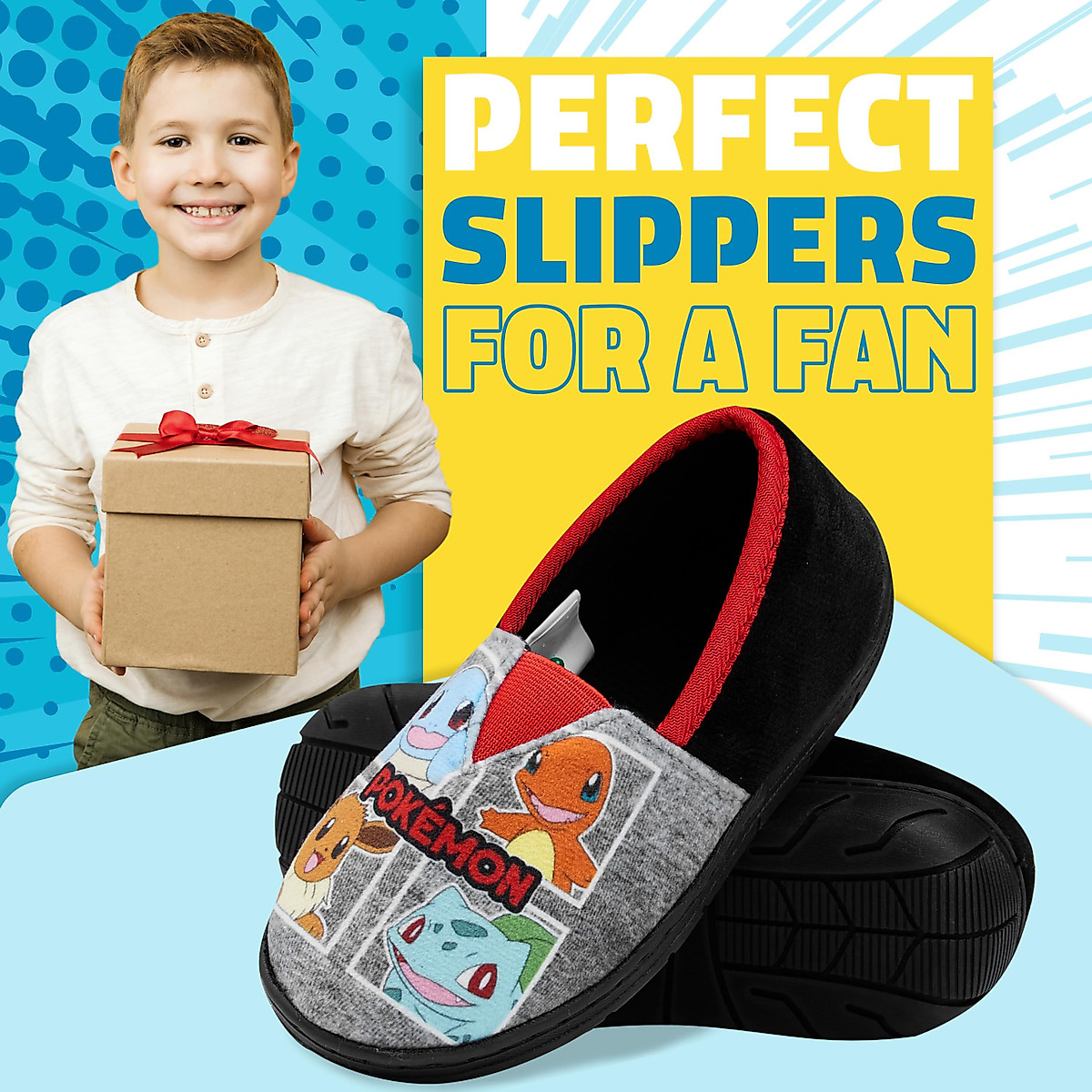 Pokemon Boys Slippers, Pikachu Bulbasaur Soft Kids Shoes, Gifts for Boys(Black/Red, 12.5 US)