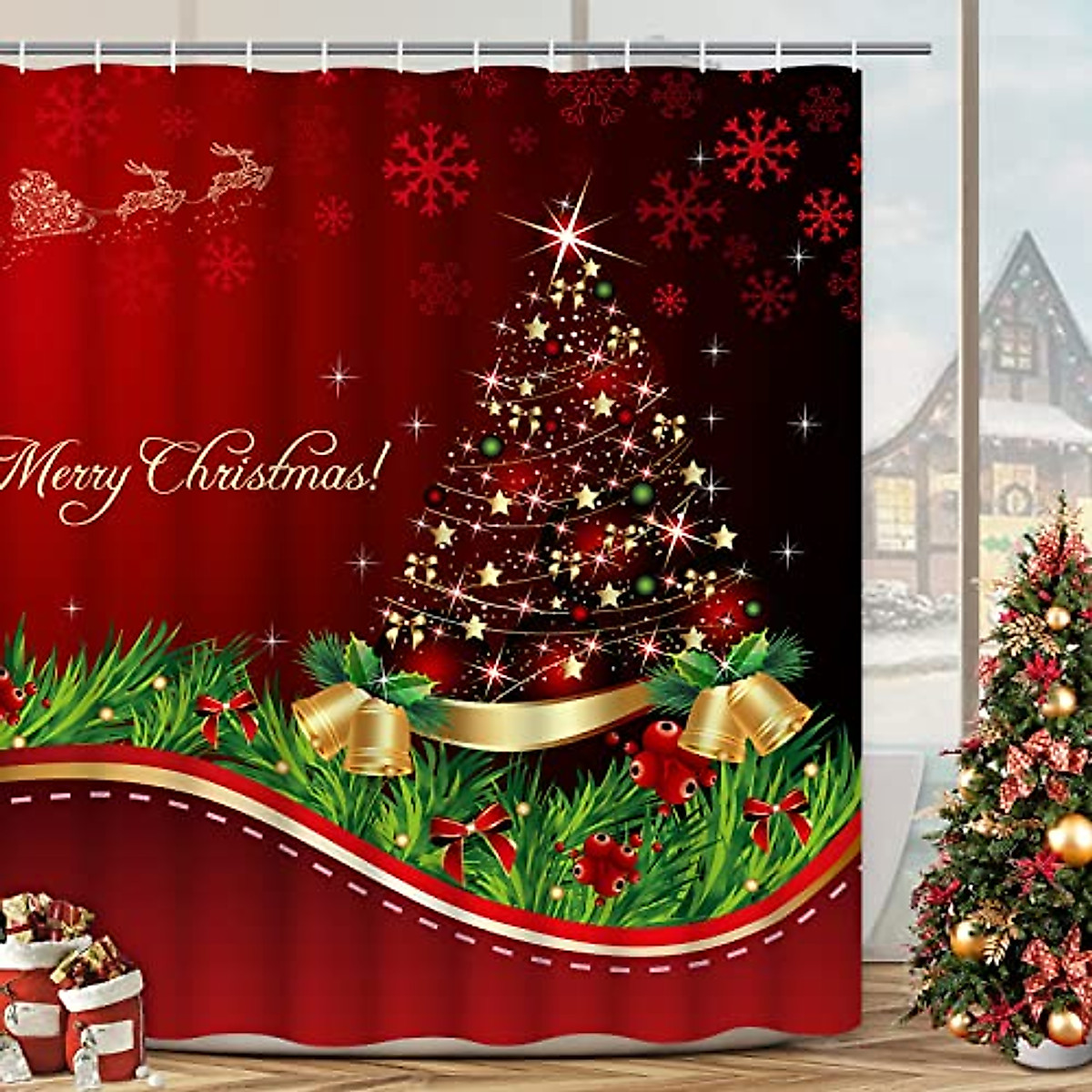 Claswcalor 5 Pcs Merry Christmas Shower Curtain Sets with Rugs, Toilet Lid Cover, Bath Mat and Toilet Seat Cover, Waterproof Xmas Christmas Tree Shower Curtains for Bathroom with 12 Hooks, Red