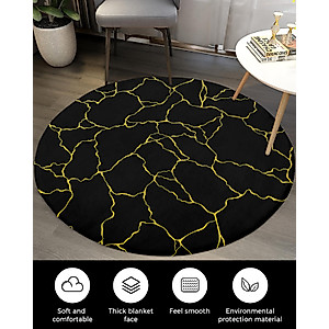 Black Gold Fluffy Round Area Rug Carpets 4ft, Plush Shaggy Carpet Soft Circular Rugs, Non-Slip Fuzzy Accent Floor Mat for Living Room Bedroom Nursery Home Decor Modern Geometric Abstract Art