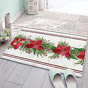 Bathroom Shag Rug Christmas Vintage Red Poinsettias Pine Cones Luxury Fluffy Bath Mats Shaggy Floor Area Rugs Plant Floral Frame Cozy Throw Plush Indoor Entryway Doormat