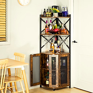 JKsmart Corner Bar Cabinet with LED Lights, 5-Tier Industrial Wine Bar Cabinet with Glass Holder, Farmhouse Liquor Cabinet with Shelf and Door, Home Bar for Coffee Bar Cabinet, Rustic Brown