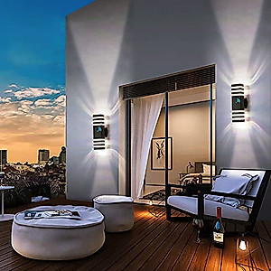 tewei Dusk to Dawn Outdoor Wall Lights, Modern Exterior Light Fixture, 3-Layer Up and Down Matte Black Outdoor Lights IP65 3000K Warm White Waterproof Modern Wall Sconce for Garage Porch, 2 Pack