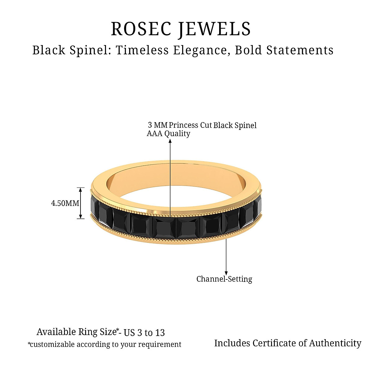 Certified Black Spinel Half Eternity Band, AAA Quality, Natural Black Spinel Anniversary Ring (With Jewelry Box), 14K Yellow Gold, Size:US 9.50