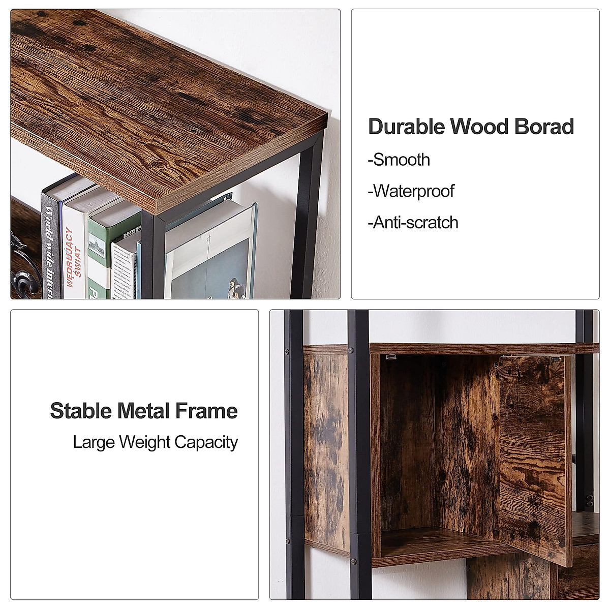 VECELO Bookcase with Doors/Drawers, Industrial 4-Tier Bookshelf Display Shelf Storage Cabinet for Books, Photos, Decorations, in Living Room,Bedroom, Home Office, Rustic Brown