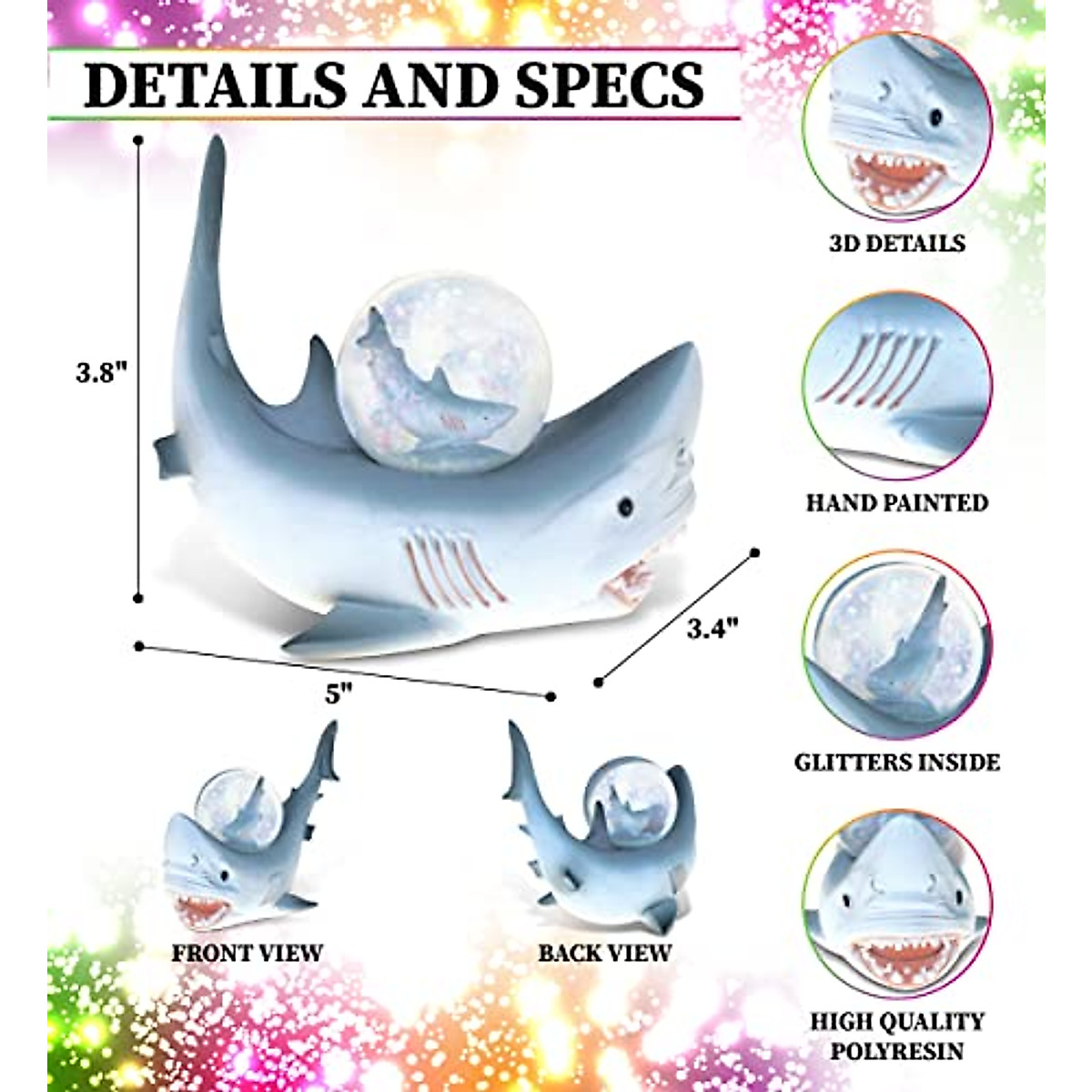 COTA Global Shark Snow Globe - Ocean Life Animal Water Globe Figurine with Sparkling Glitter, Zoo Collectible Novelty Ornament for Home Decor, for Birthdays, Christmas, Valentine – 45mm