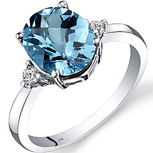 PEORA Swiss Blue Topaz and Diamond Ring for Women 14K White Gold, Natural Gemstone Birthstone, 2.75 Carats Oval Shape 10x8mm, Size 7
