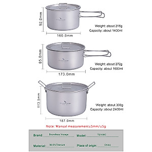 Boundless Voyage Titanium Pot Portable Camping Cookware Lightweight Cooking Pot Set for Outdoor Cooking Traveling Backpacking Hiking Trekking Picnic (3 Pcs Set)