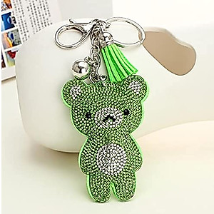 AuPra Green Teddy Bear Crystal KeyChain Gift Women Bling Rhinestones KeyRing Home Car Bag Clip Key Holder Lady Girl Tassel Present