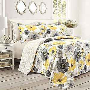Lush Decor Leah 6 Piece Floral Comforter Set, Full/Queen, Yellow & Gray