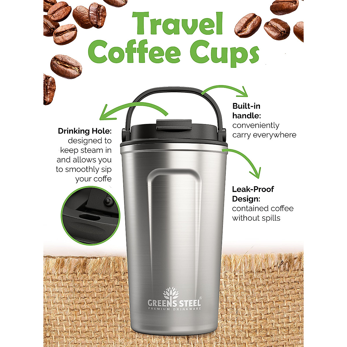 Stainless Steel Insulated Coffee Mug for Hot & Cold Drinks, 12 oz Silver - Coffee Cup with Lid and Handle - Coffee Travel Mug - 100% Leak-Proof Insulated Coffee Tumbler - Travel Coffee Mug Spill Proof