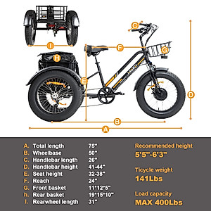 DWMEIGI 3 Wheel Electric Bike for Adult with 750W Motor, 48V 18.2AH Removable Lithium Battery, 20"*4.0 Fat Tire Tricycles for Men Women with Front & Rear Baskets, 7 Speed (Black)